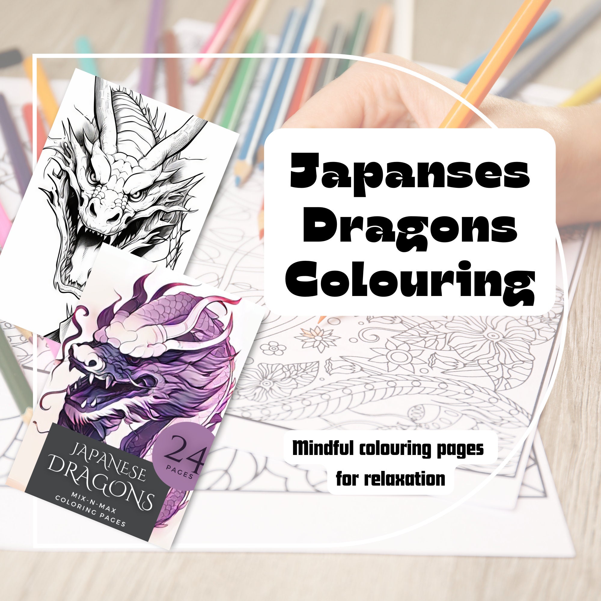 Japanese Dragon Colouring Sheets for Mindfulness Dragon - Etsy