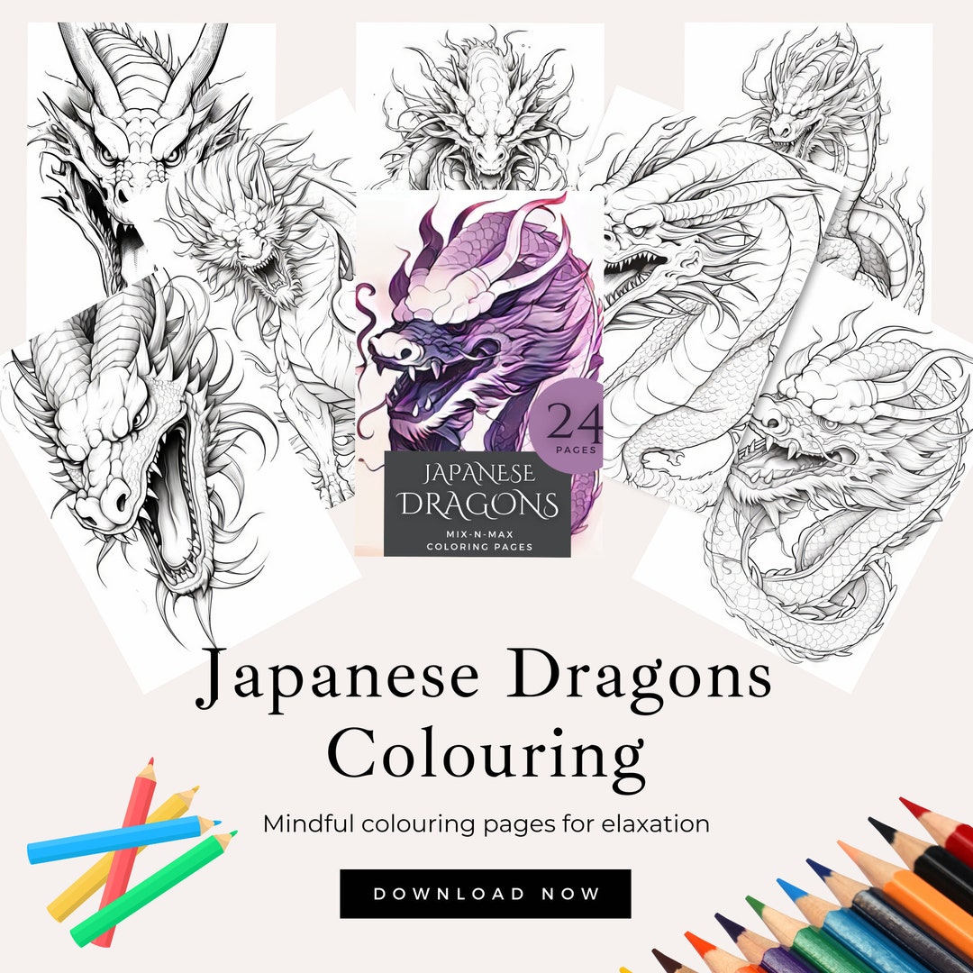 Japanese Dragon Colouring Sheets for Mindfulness Dragon - Etsy