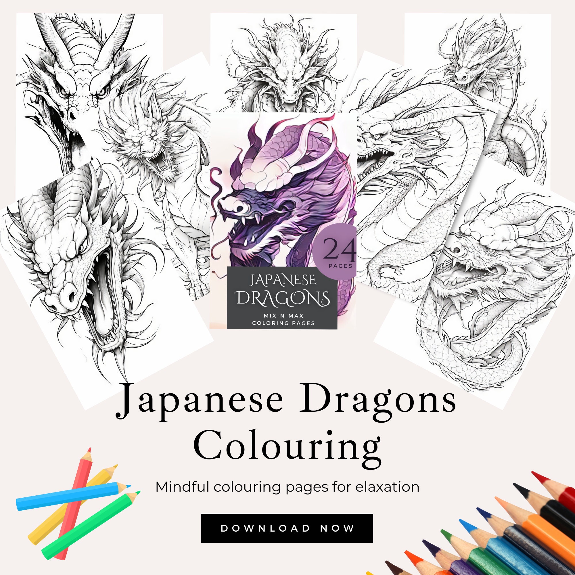 Japanese Dragon Colouring Sheets for Mindfulness Dragon - Etsy