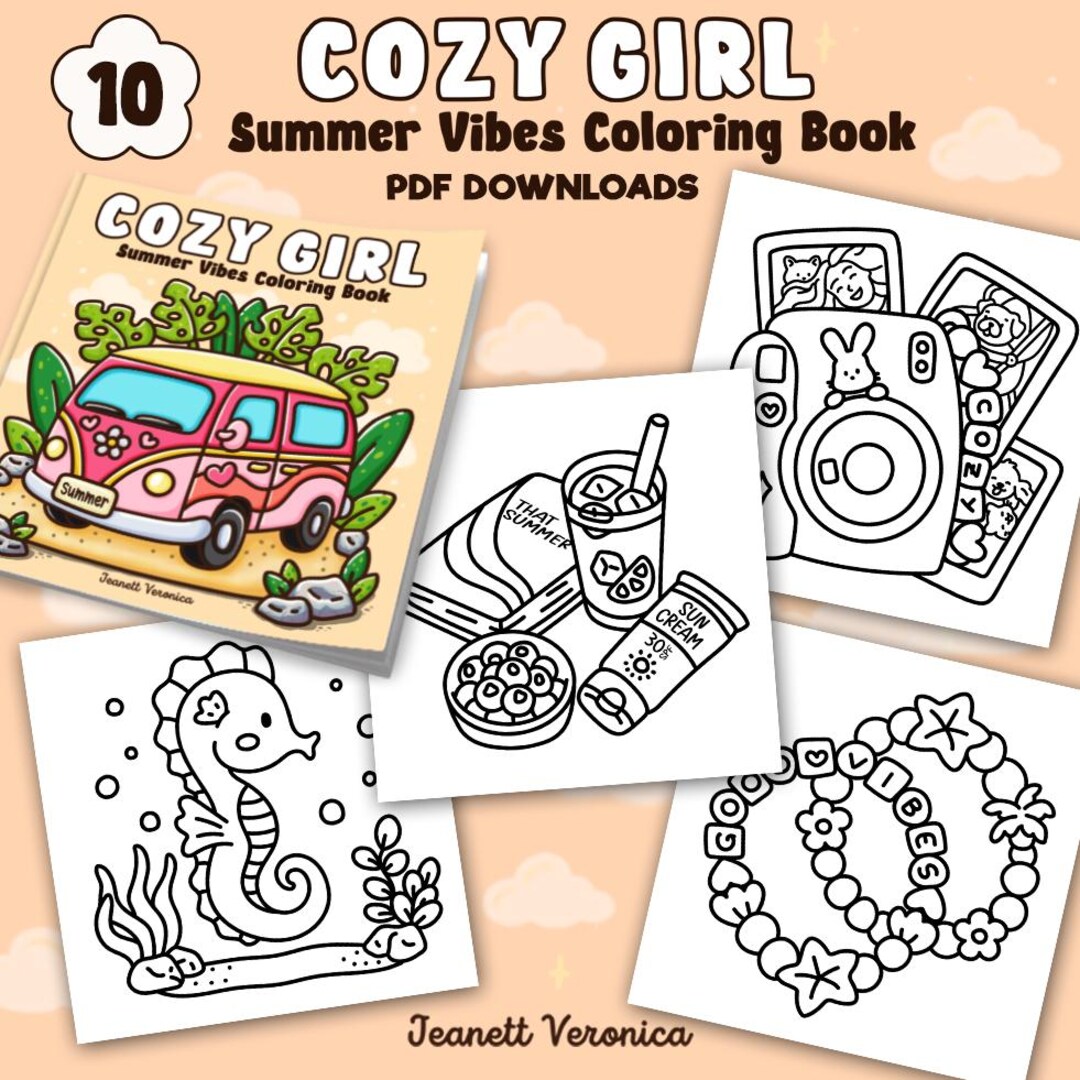 Cozy Girl Summer Vibes Coloring Pages | Set Four 10 Pages | Instant ...
