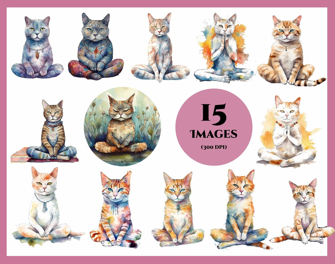 Whimsical Zen Cats: Watercolor Yoga & Meditation Clip Art Collection ...