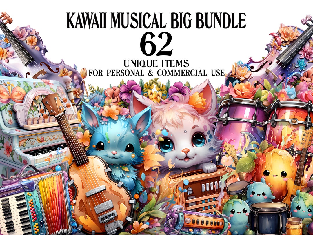 Kawaii Musical Clipart Bundle 62 Kawaii Watercolor Pngs Digital ...