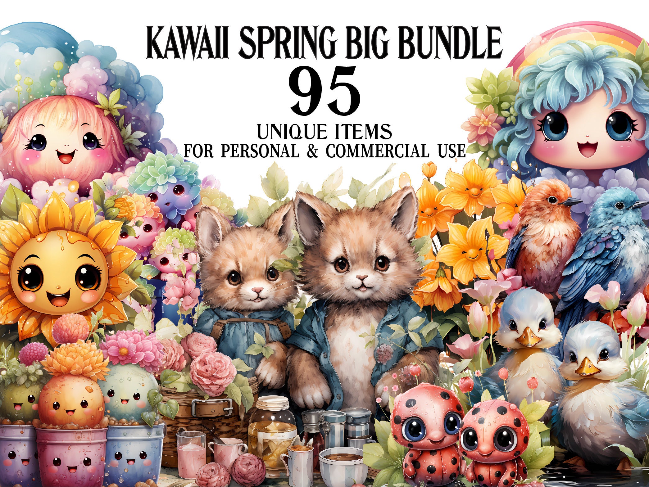 Kawaii Spring Clipart Bundle 95 Kawaii Watercolor Pngs Digital Download ...