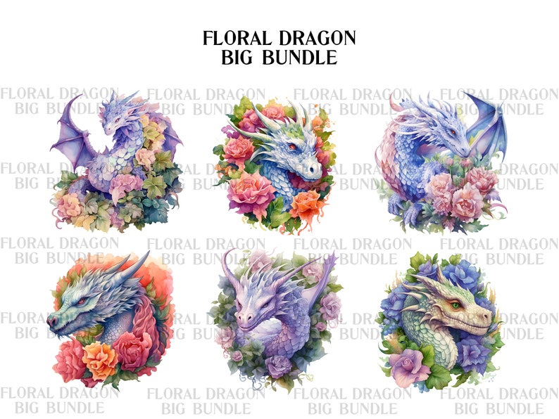 Floral Dragon Clipart Big Bundle 45 Flowers Dragons Pngs - Etsy