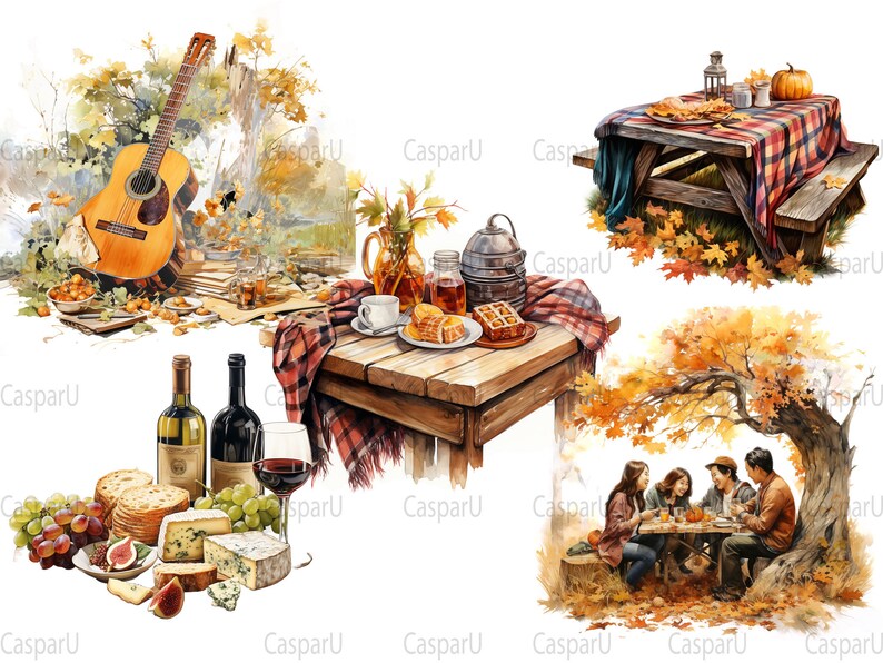 Fall Picnics Clipart Big Bundle 34 Watercolor Autumn Picnics Pngs ...