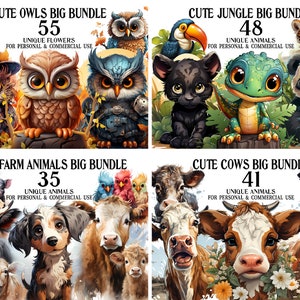 MEGA Cute Animals Clipart Bundle – 705 süße Cartoon-Tiere als Aquarell ...