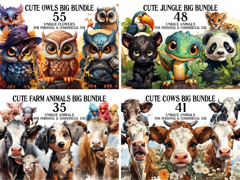 MEGA Cute Animals Clipart Bundle 705 Cute Cartoon Animals as Watercolor ...