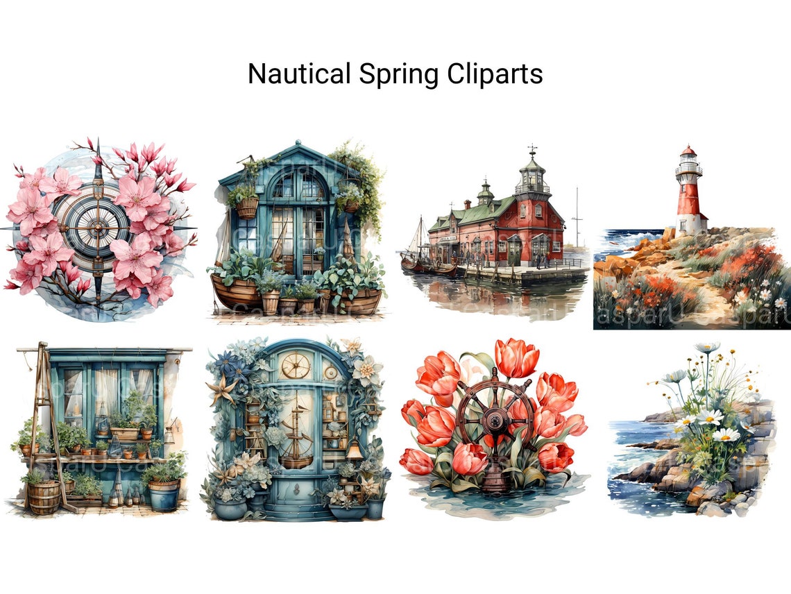 Nautical Spring Clipart Bundle - 58 Watercolor Pngs - Digital Drawings ...