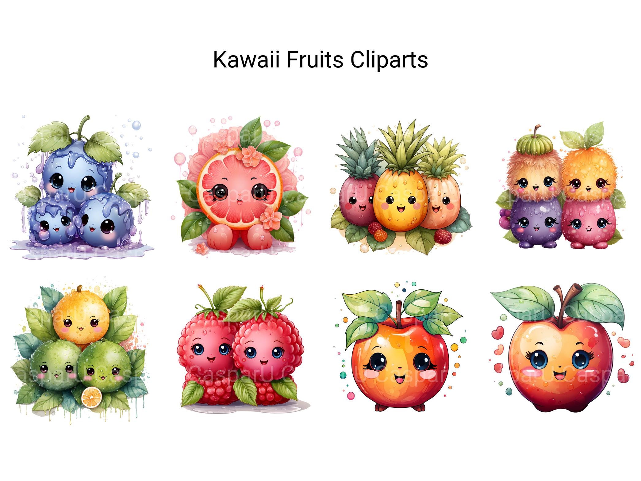 Kawaii Fruits Clipart Bundle 92 Kawaii Watercolor Pngs Digital Download ...