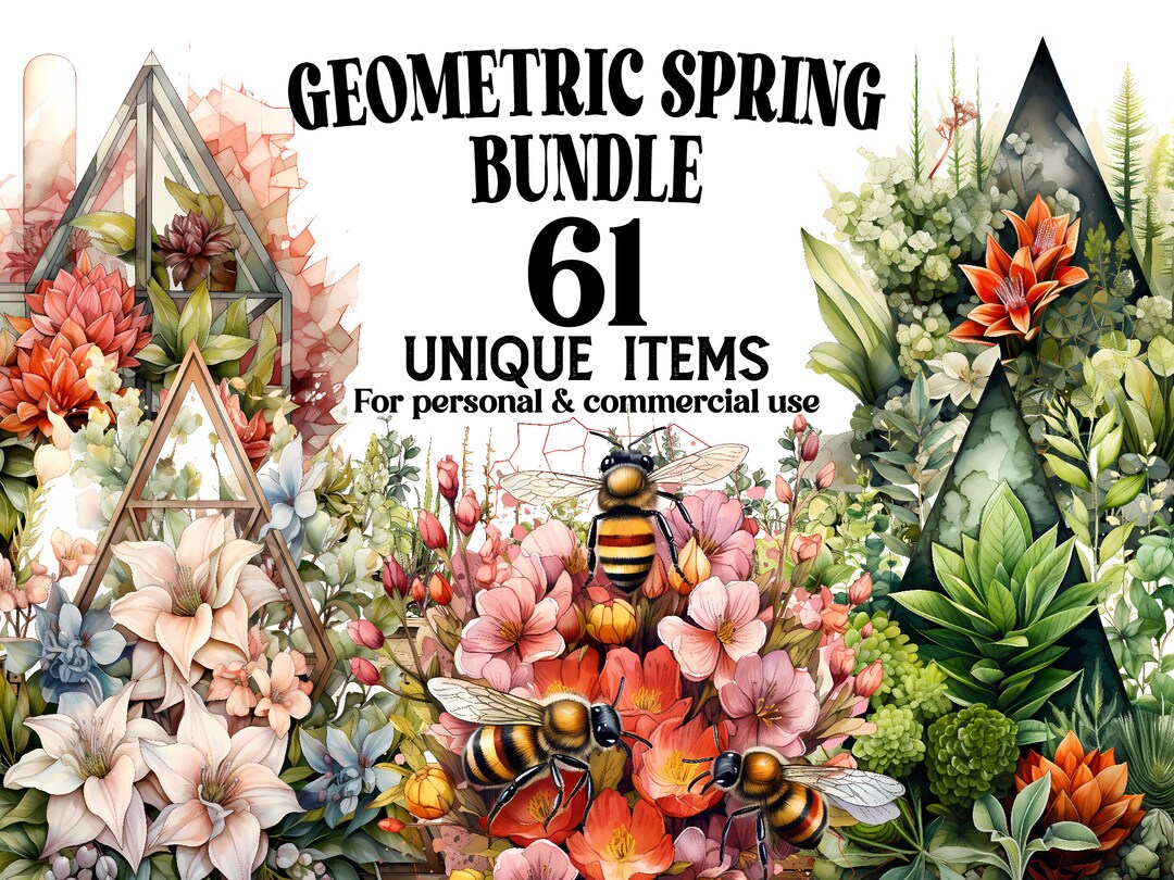 Geometric Spring Clipart Bundle - 61 Watercolor Pngs - Digital Drawings ...