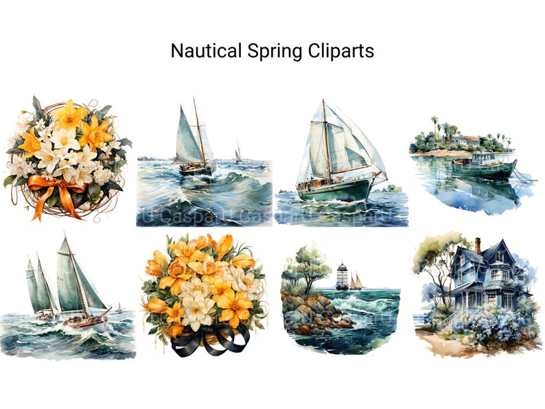 Nautical Spring Clipart Bundle - 58 Watercolor Pngs - Digital Drawings ...