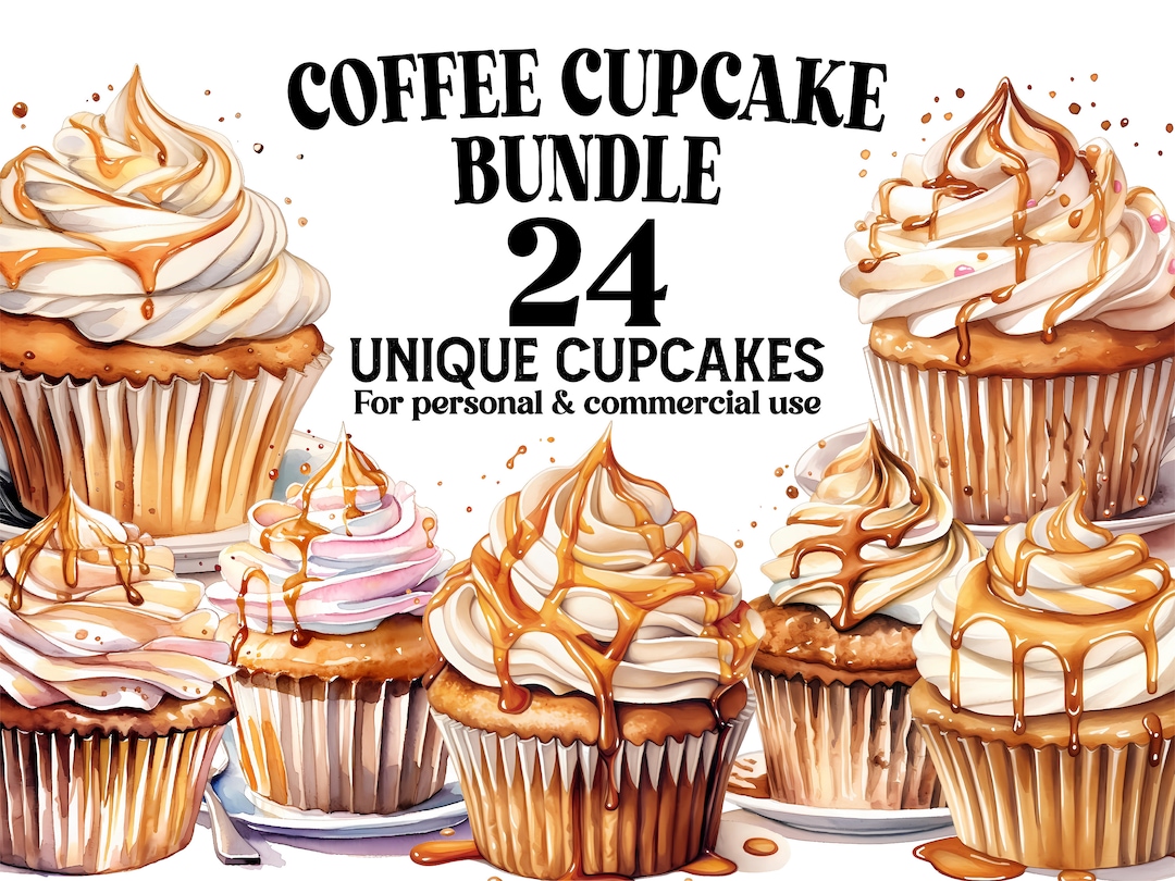 Coffee Cupcake Bundle - 24 Coffee Cupcakes as Watercolor Pngs - Cupcake ...