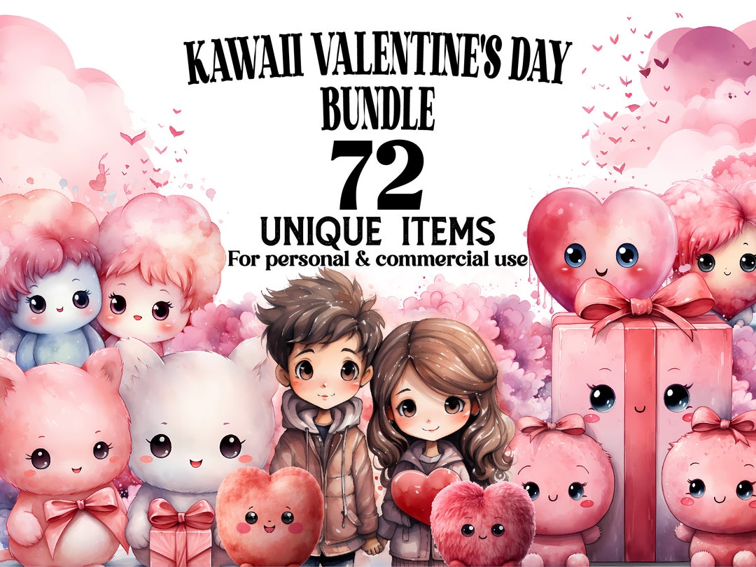 Kawaii Valentines' Day Clipart Bundle 72 Watercolor Pngs Digital ...