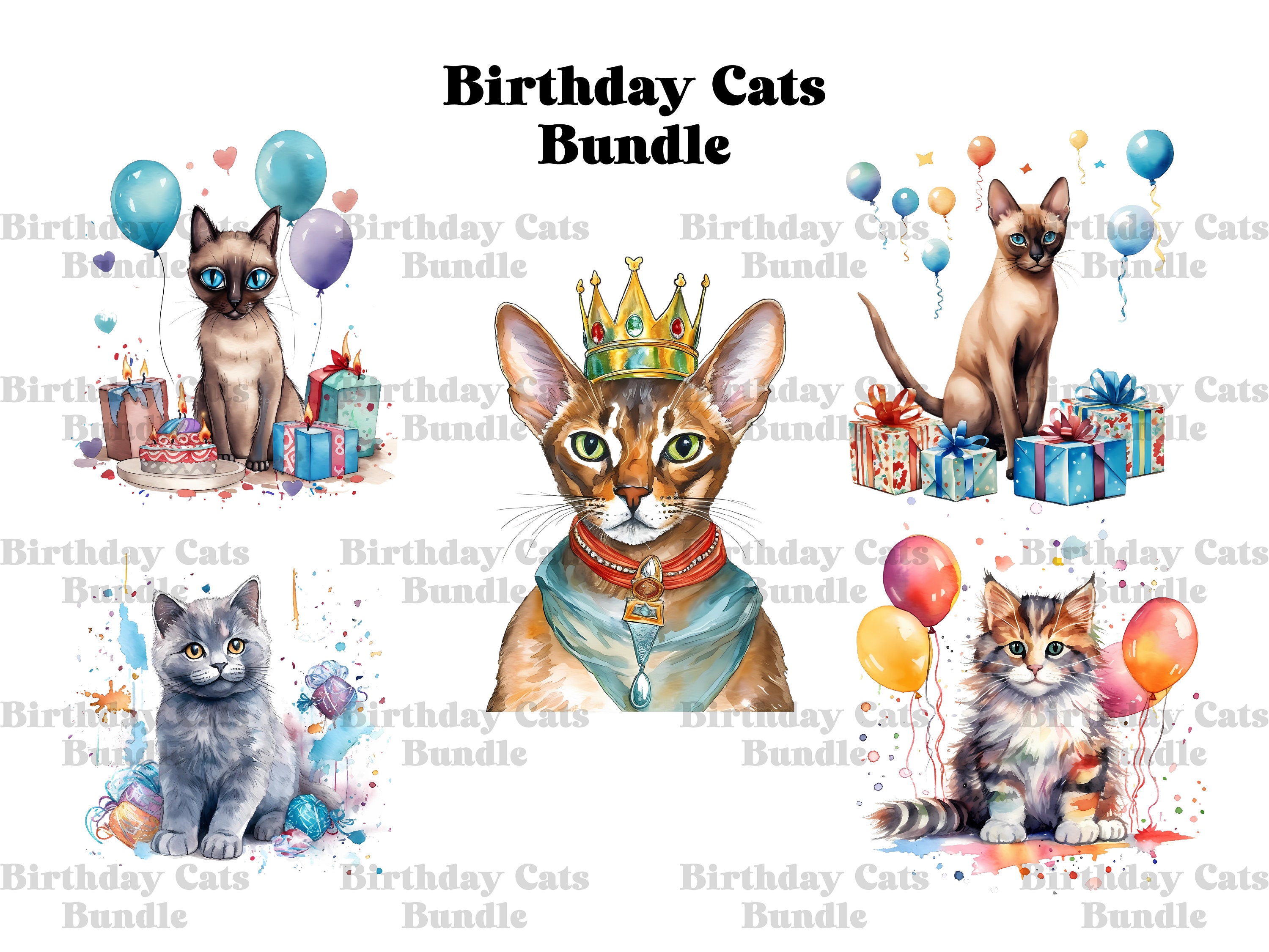 Birthday Cat Clipart Bundle 29 Cute Cats as Watercolor Pngs Digital ...