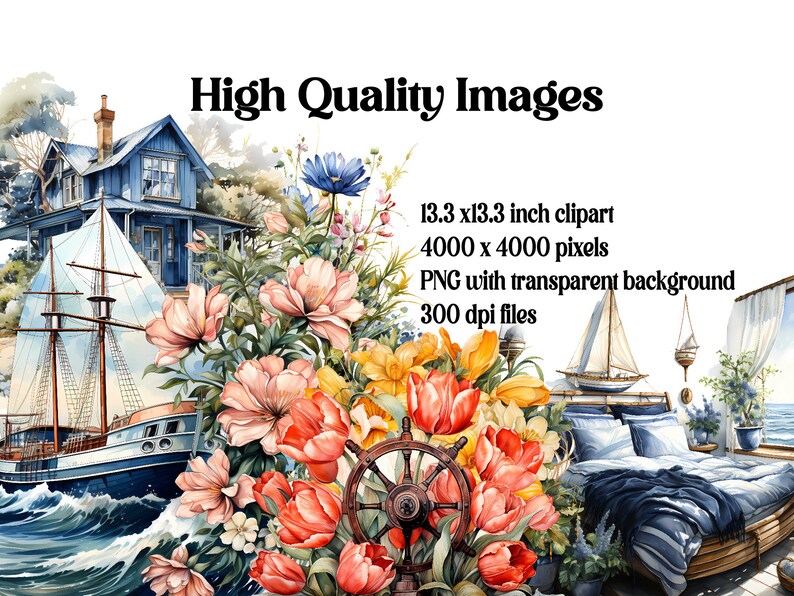 Nautical Spring Clipart Bundle - 58 Watercolor Pngs - Digital Drawings ...