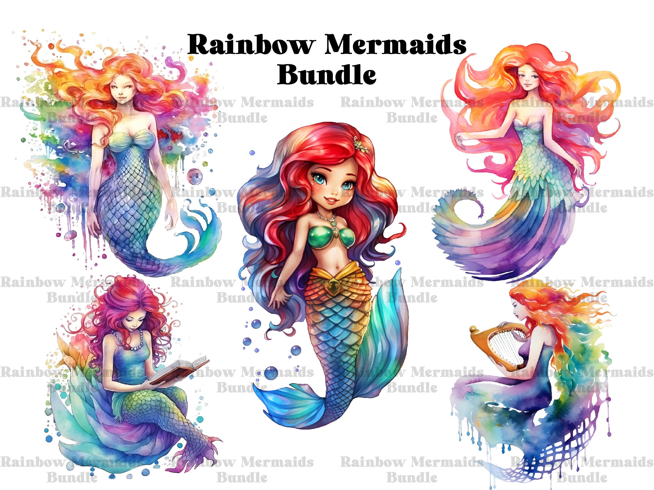 Rainbow Mermaid Clipart Bundle 33 Colorful Mermaids as Watercolor Pngs ...