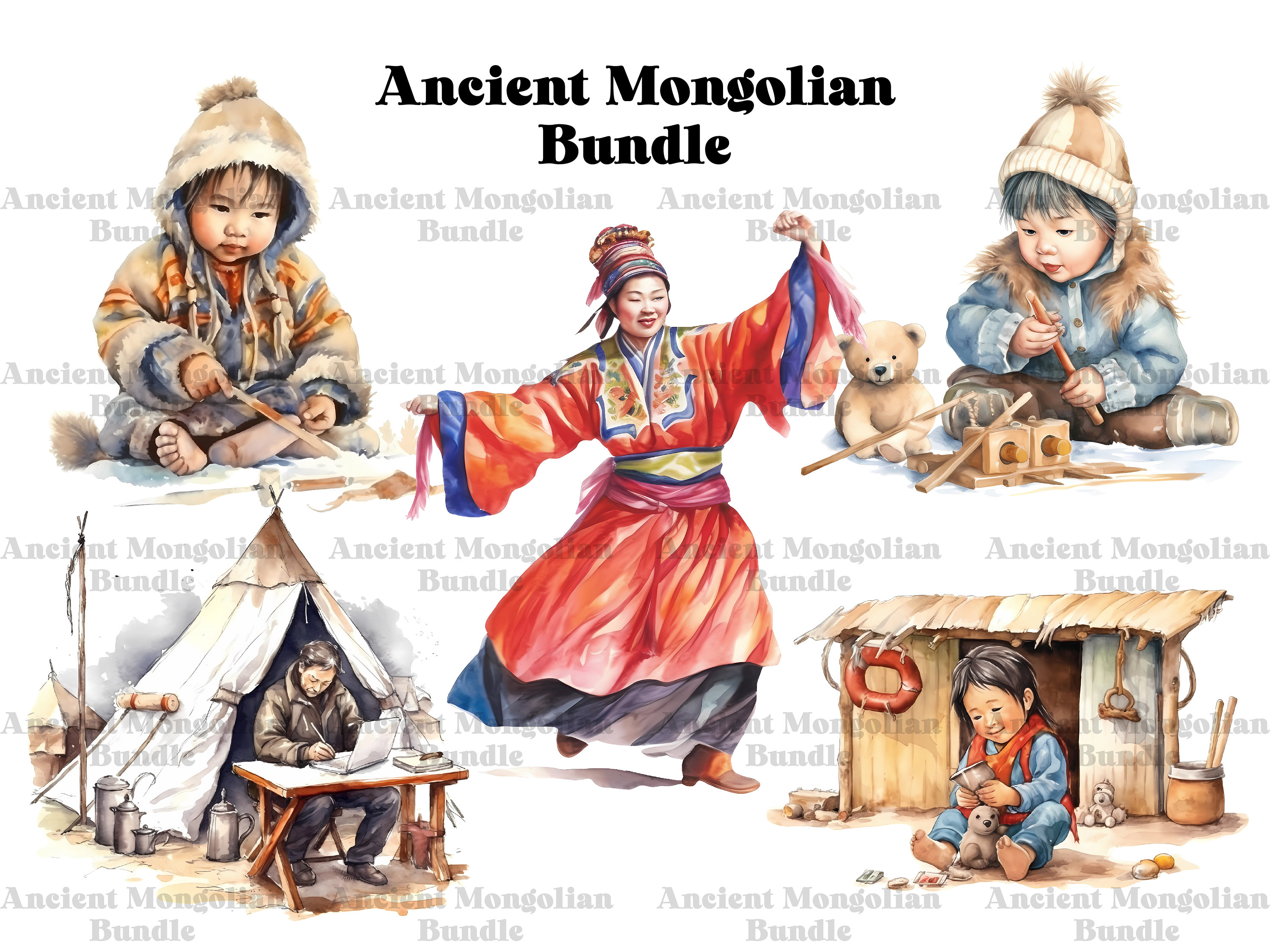 Ancient Mongolian Clipart Bundle 34 Watercolor Mongolian Pngs Digital ...
