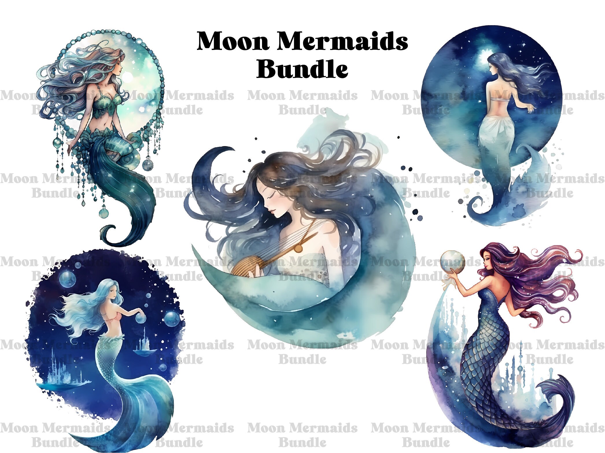 Moon Mermaid Clipart Bundle 28 Moon Mermaids as Watercolor - Etsy