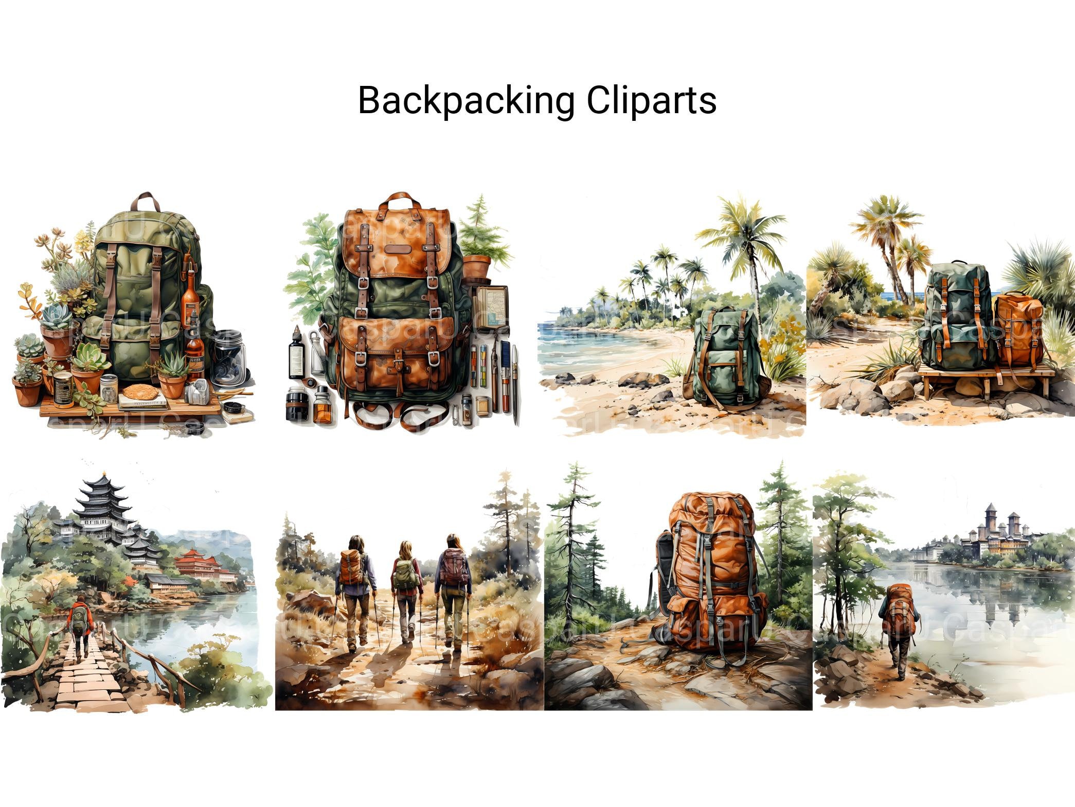 Backpacking Clipart Bundle 37 Travel Watercolor Pngs Digital Drawings ...