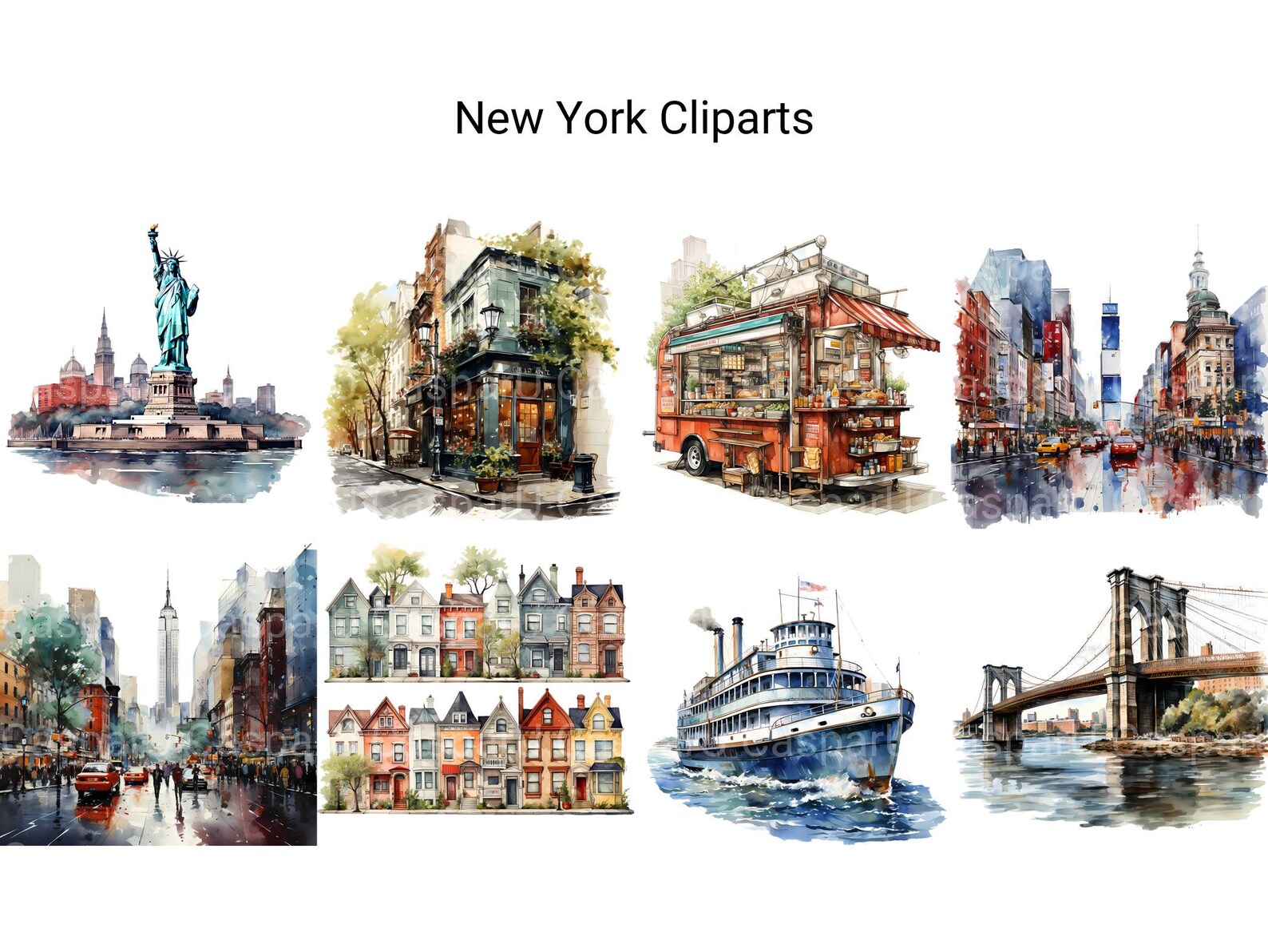 New York Clipart Bundle - 43 Travel Watercolor Pngs - Digital Drawings ...