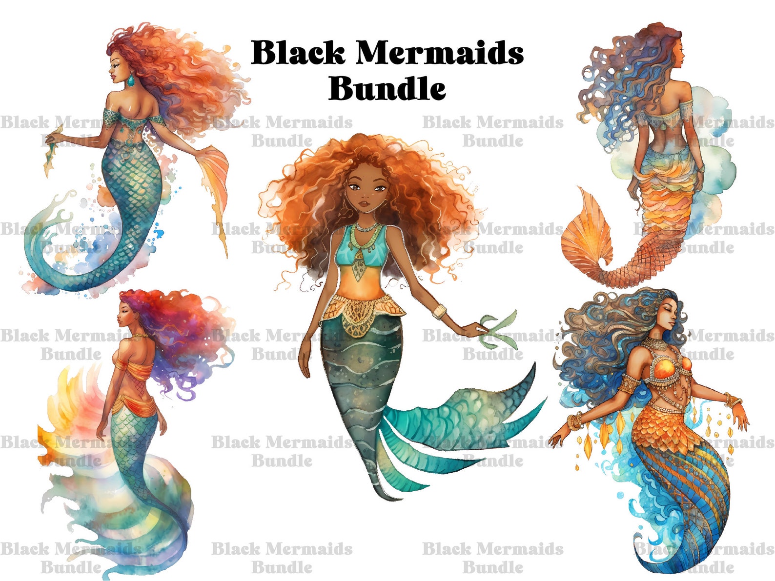 Black Mermaid Clipart Bundle 20 Black Mermaids as Watercolor PNG ...