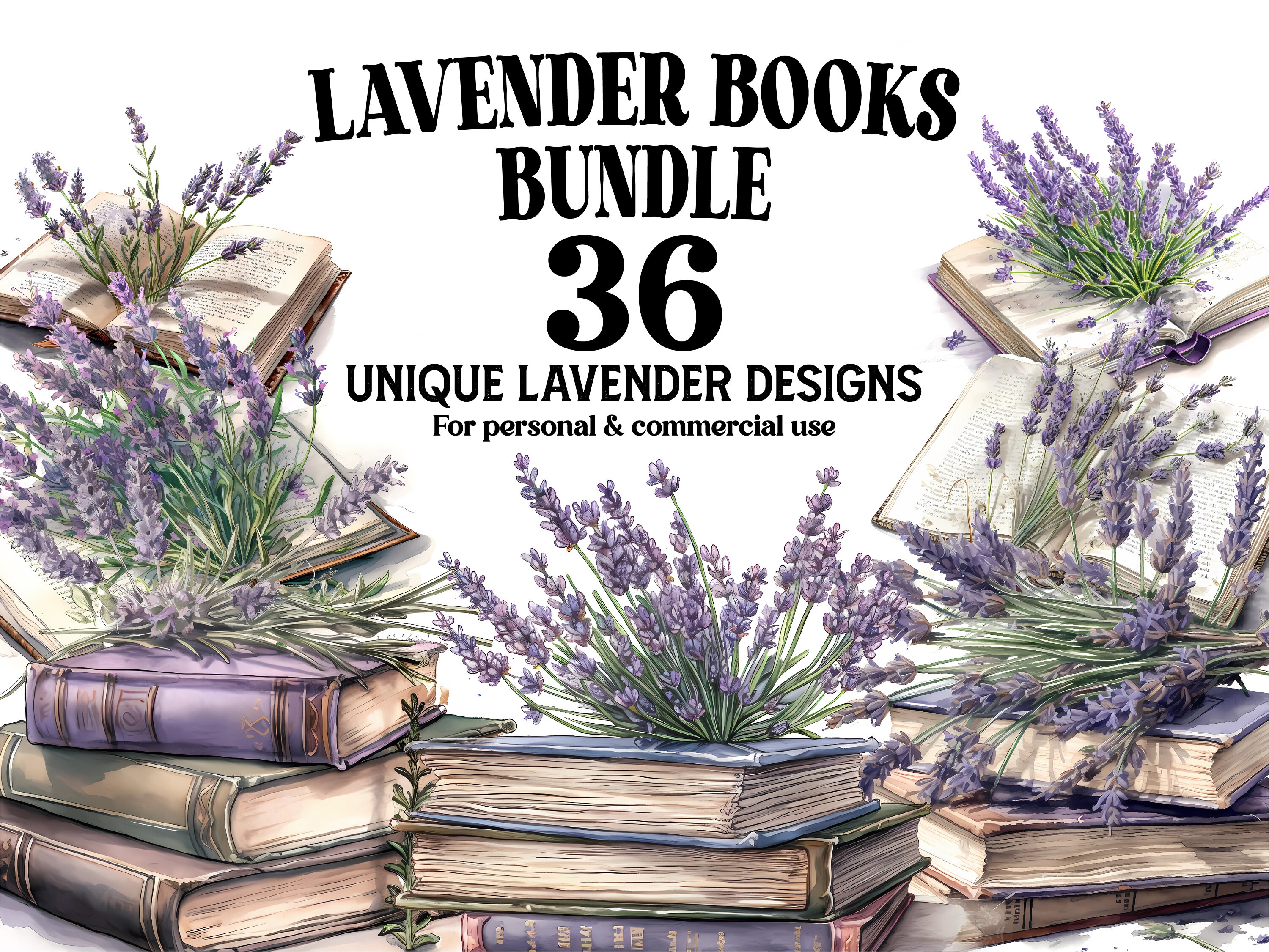 Lavender Book Clipart Big Bundle 36 Watercolor Lavender Books Pngs for ...
