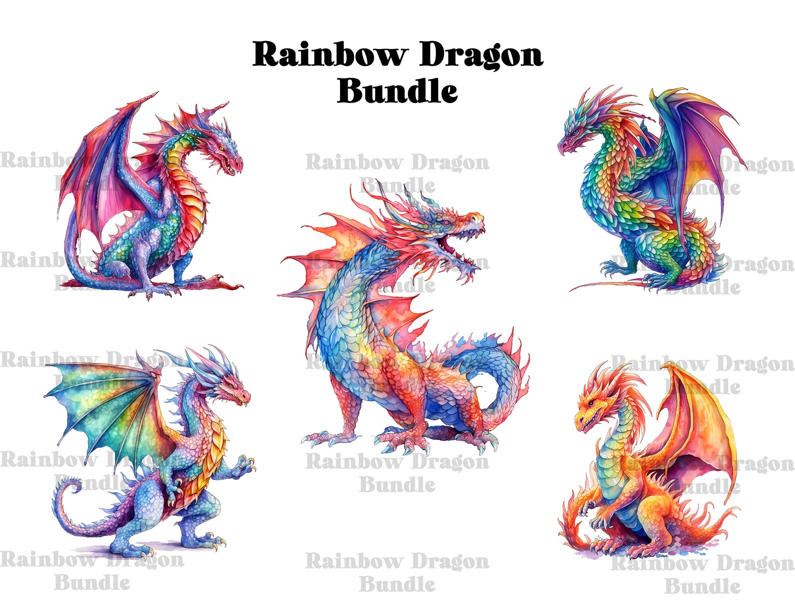 Rainbow Dragon Clipart Bundle - 35 Rainbow Dragons Pngs With ...