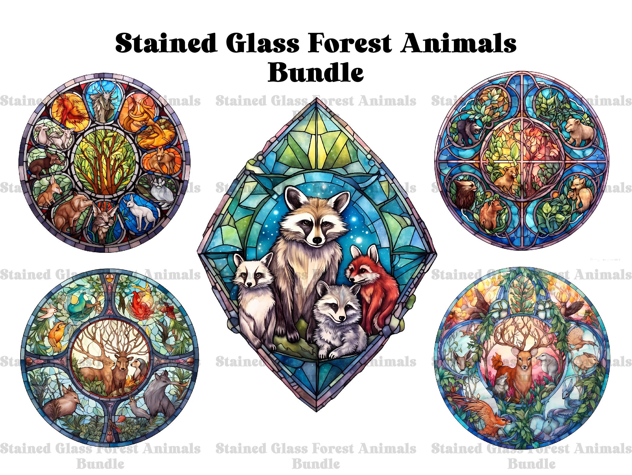 Forest Animal Stained Window Clipart Big Bundle 41 Stained Glass Pngs ...