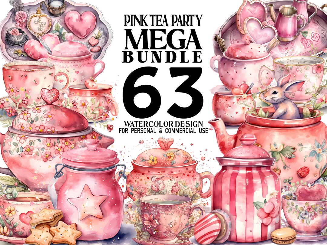Pink Tea Party Mega Clipart Bundle - 63 Afternoon Tea Time Watercolor ...