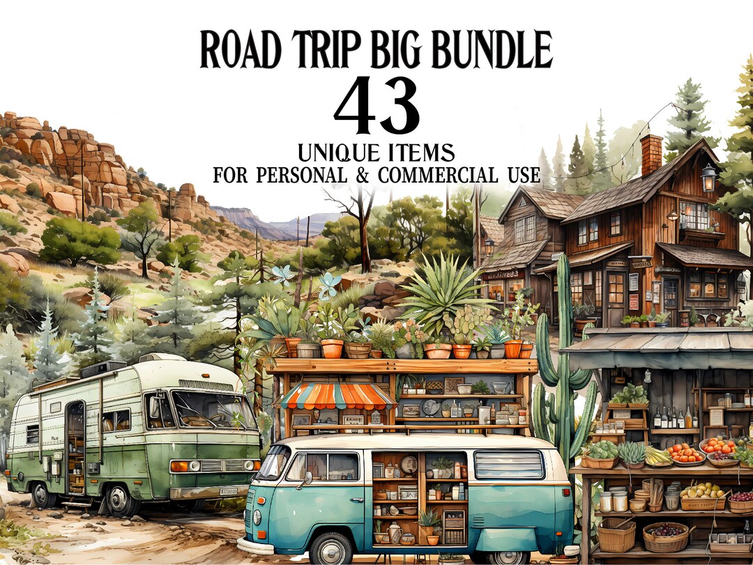 Road Trip Clipart Bundle - 43 Travel Watercolor Pngs - Digital Drawings ...