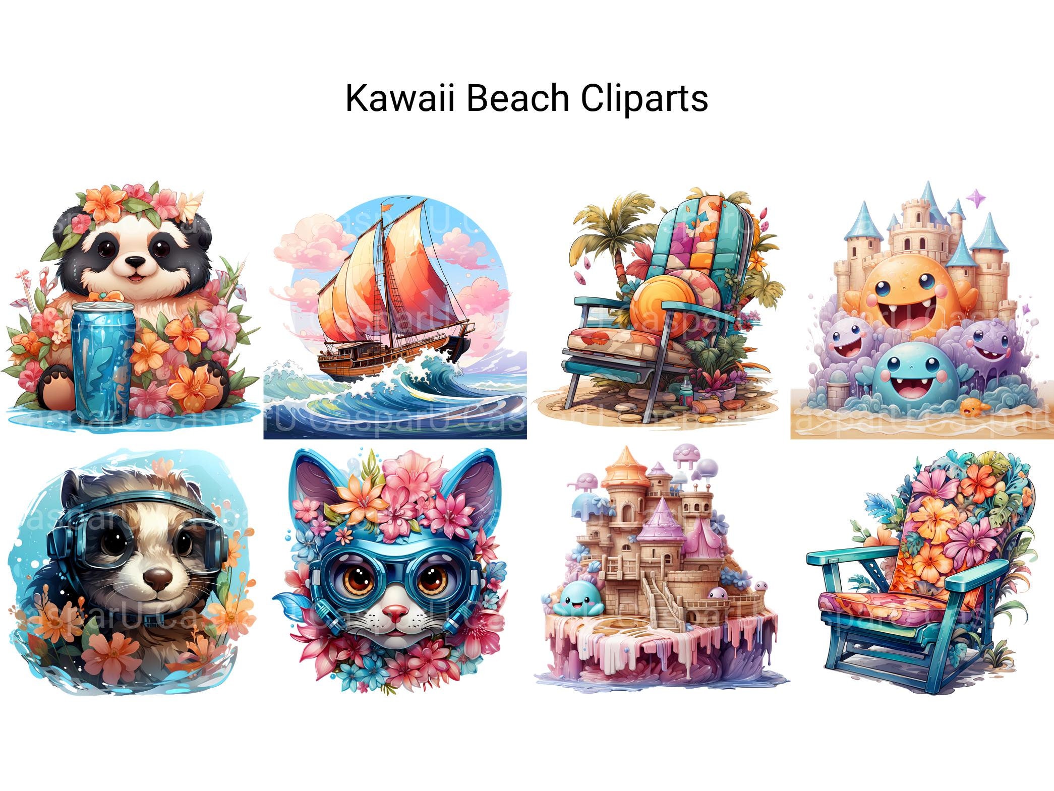 Kawaii Beach Clipart Bundle 69 Kawaii Watercolor Pngs Digital Download ...