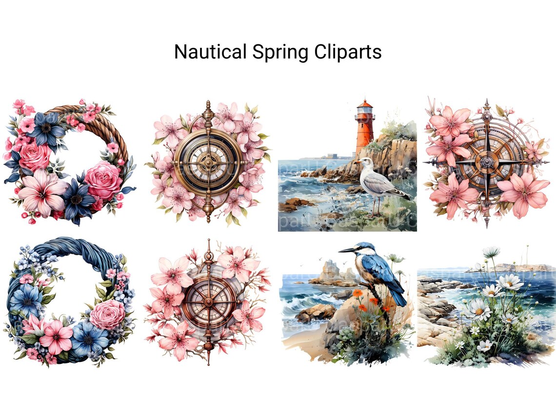 Nautical Spring Clipart Bundle - 58 Watercolor Pngs - Digital Drawings ...