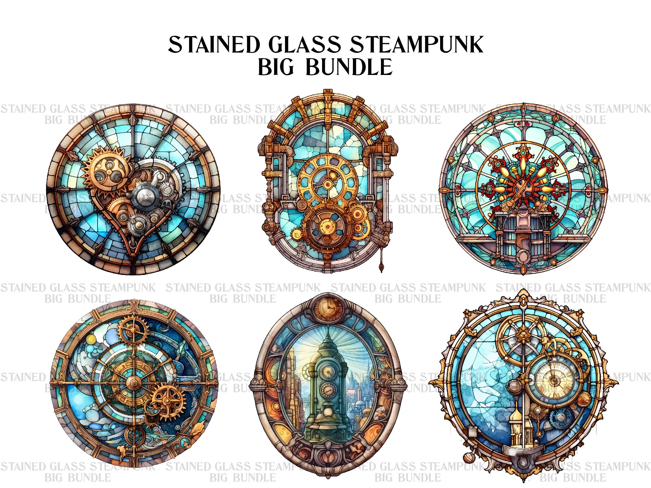 Steampunk Stained Window Clipart Big Bundle - 46 Steampunk Stained ...