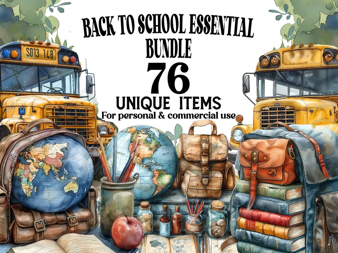 Back to School Essentials Clipart Bundle 76 Watercolor Pngs Digital ...