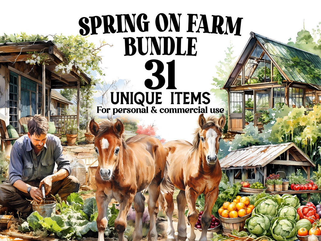Spring on Farm Clipart Bundle - 31 Watercolor Pngs - Digital Drawings ...