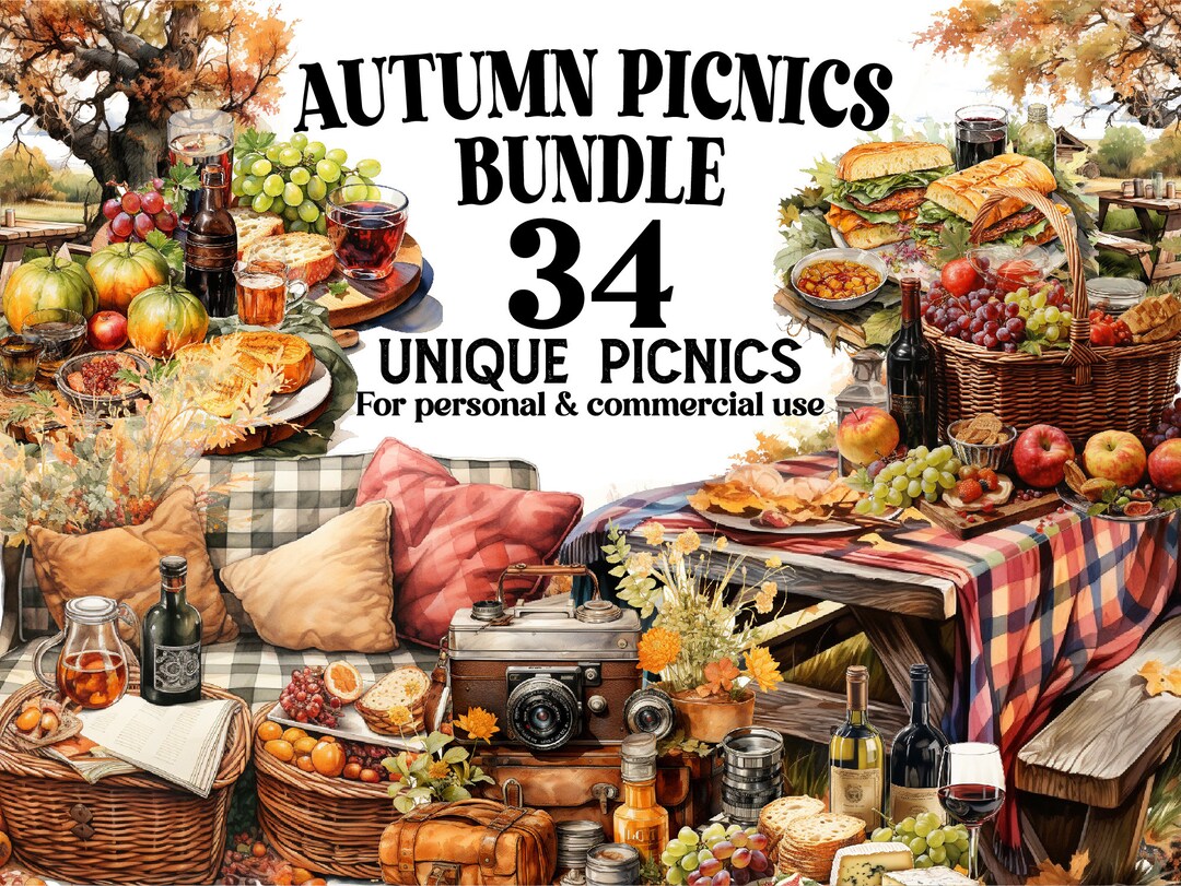 Fall Picnics Clipart Big Bundle 34 Watercolor Autumn Picnics Pngs ...
