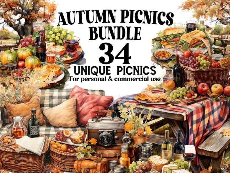 Fall Picnics Clipart Big Bundle 34 Watercolor Autumn Picnics Pngs ...