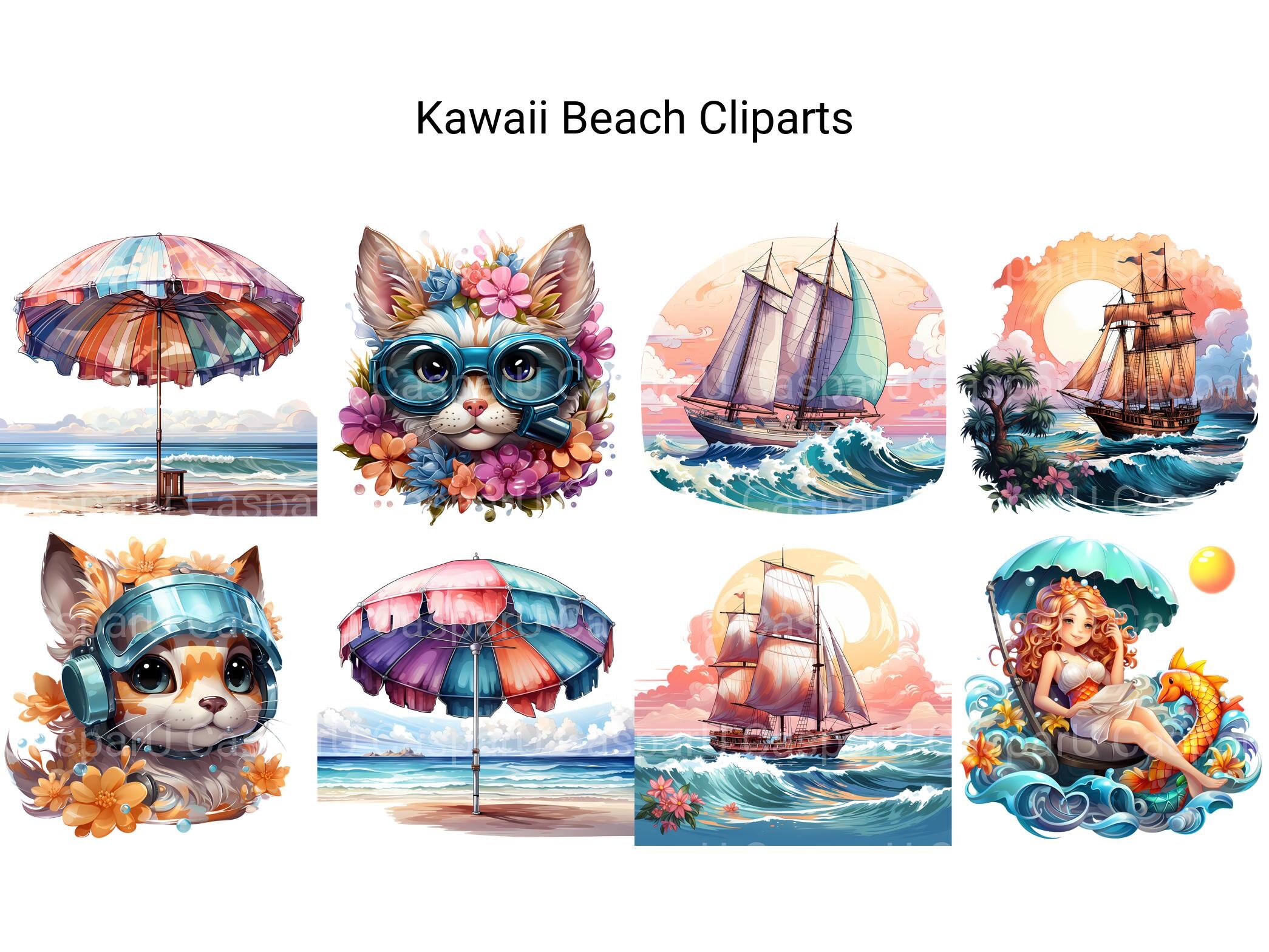 Kawaii Beach Clipart Bundle 69 Kawaii Watercolor Pngs Digital Download ...