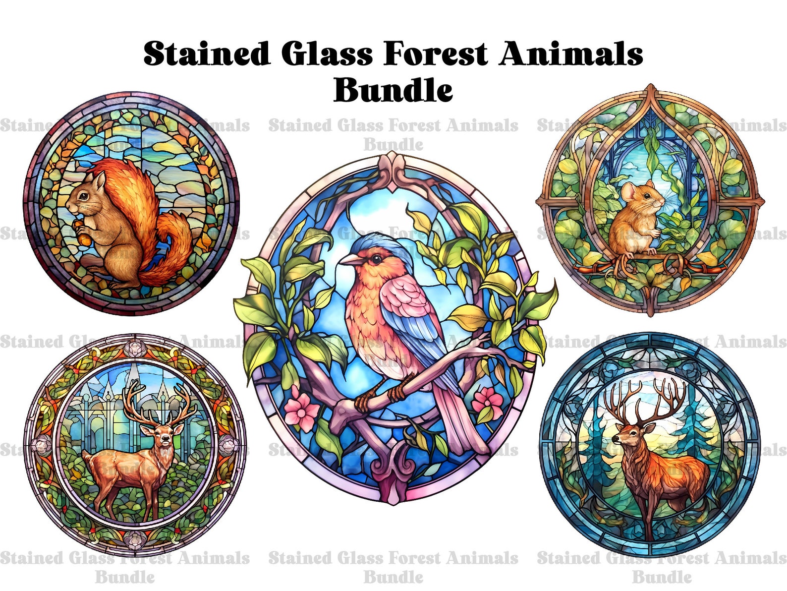 Forest Animal Stained Window Clipart Big Bundle 41 Stained Glass Pngs ...