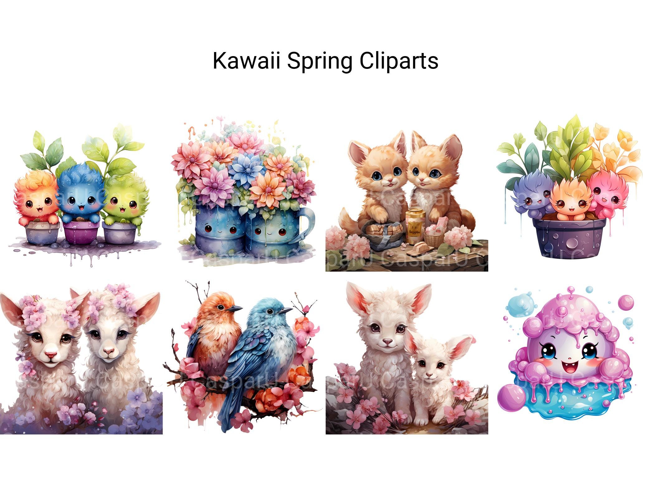 Kawaii Spring Clipart Bundle 95 Kawaii Watercolor Pngs Digital Download ...