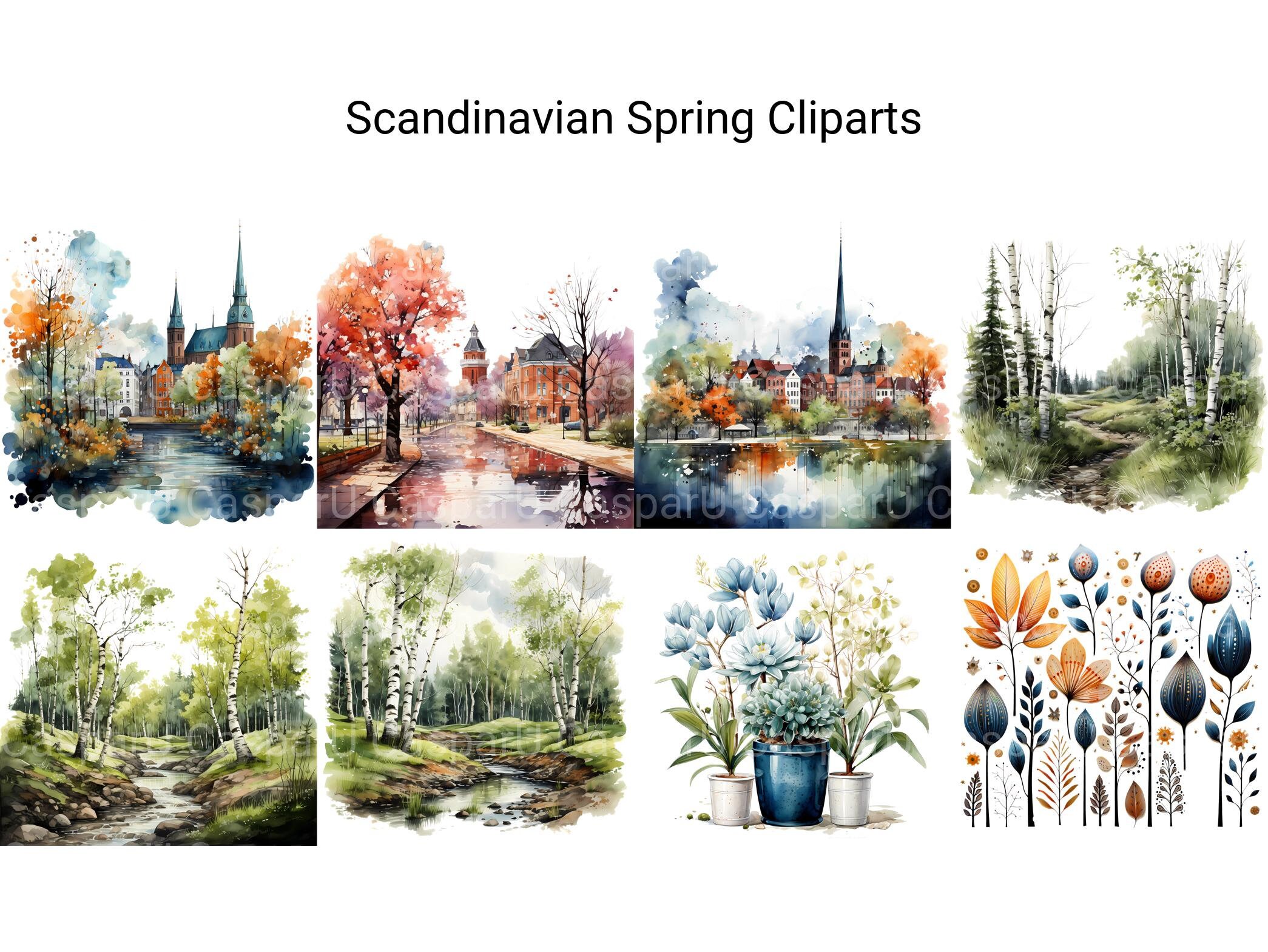 Scandinavian Spring Clipart Bundle 46 Watercolor Pngs Digital Drawings ...