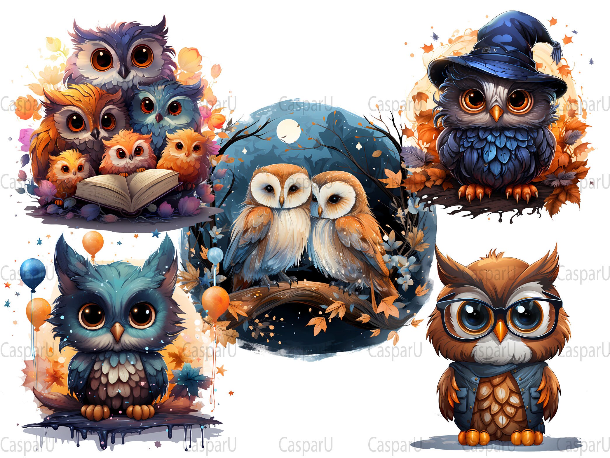 Cute Owls Clipart Big Bundle 55 Owls Watercolor Pngs Digital Download ...