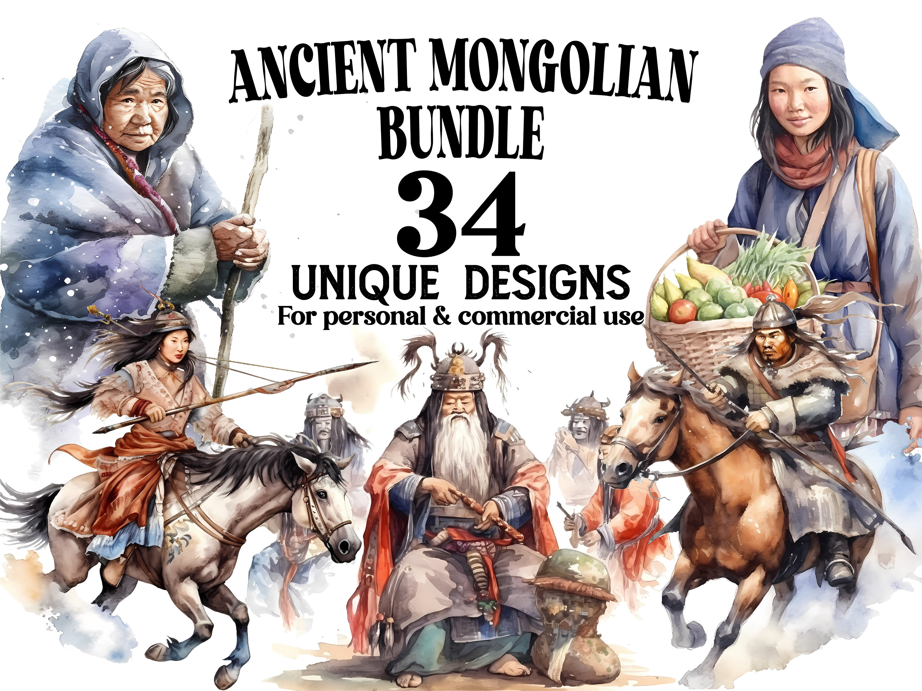 Ancient Mongolian Clipart Bundle - 34 Watercolor Mongolian Pngs ...