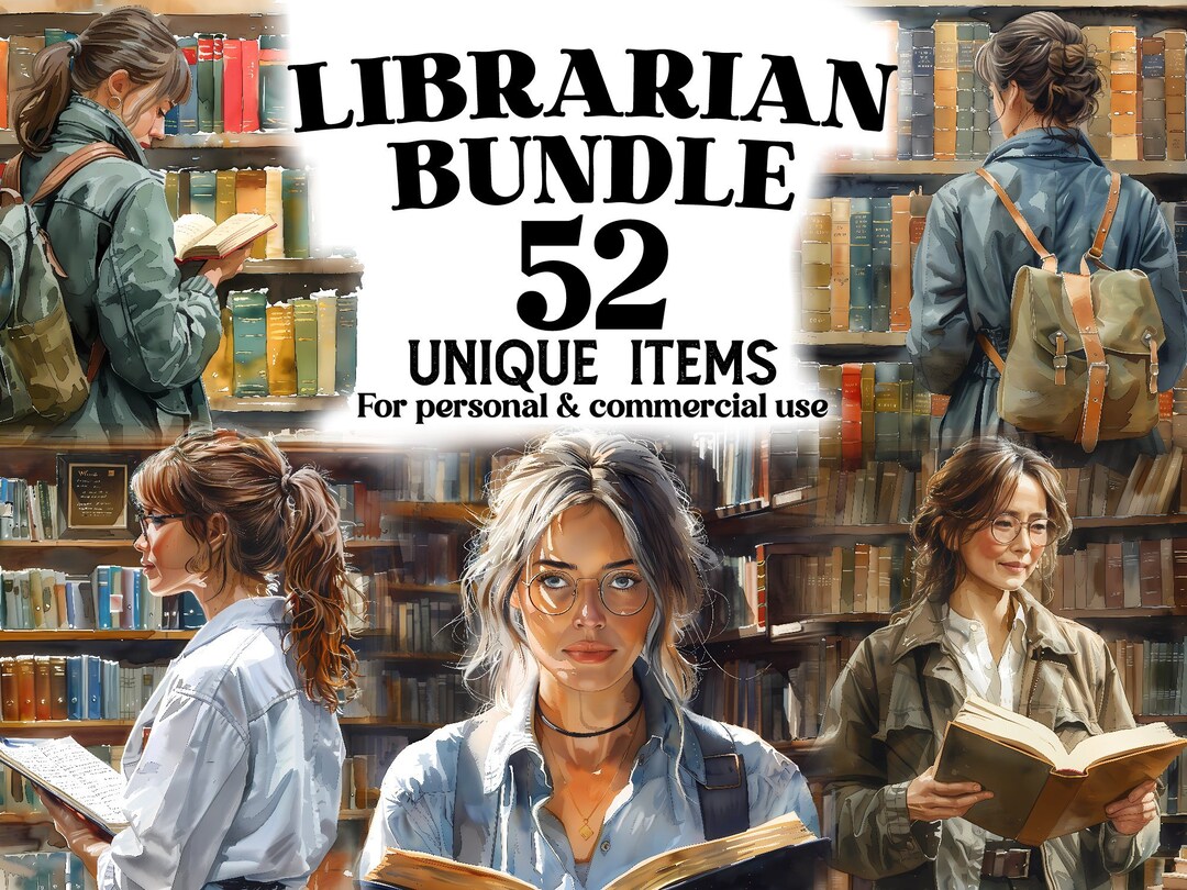 Librarian Clipart Bundle - 52 Work Watercolor Pngs - Digital Drawings ...