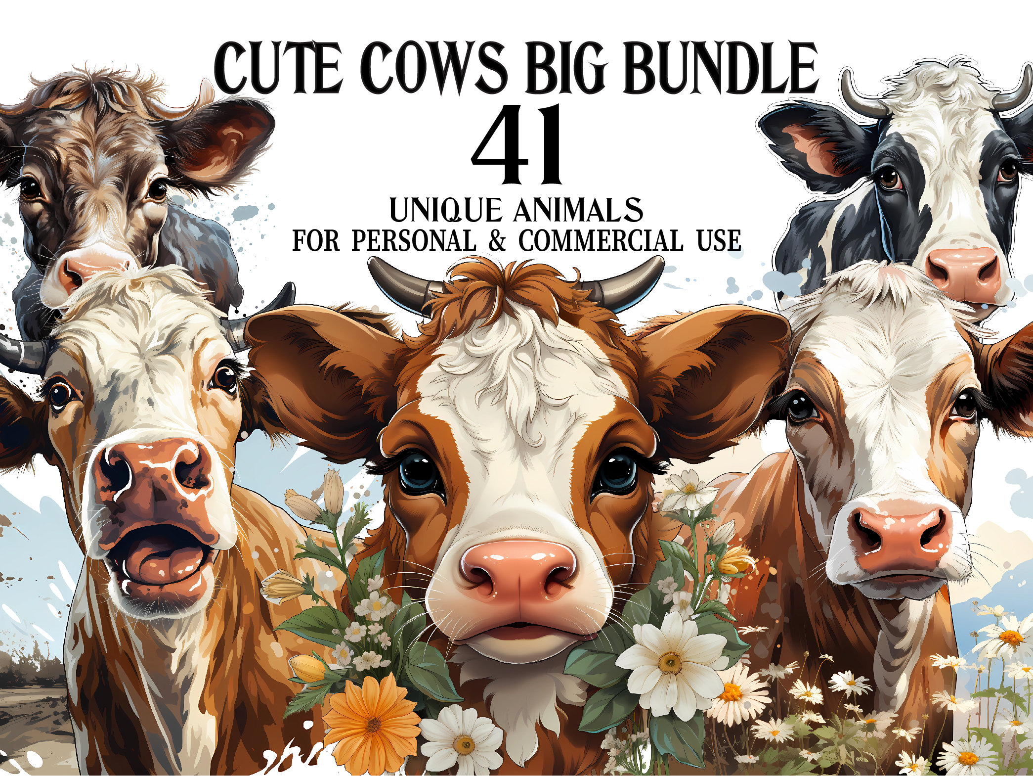 Cute Cow Clipart Big Bundle 41 Cows Watercolor Pngs Digital Download ...