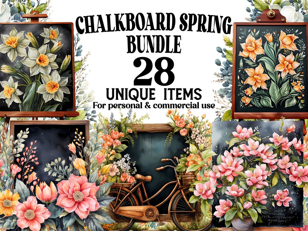 Chalkboard Spring Clipart Bundle - 28 Watercolor Pngs - Digital ...