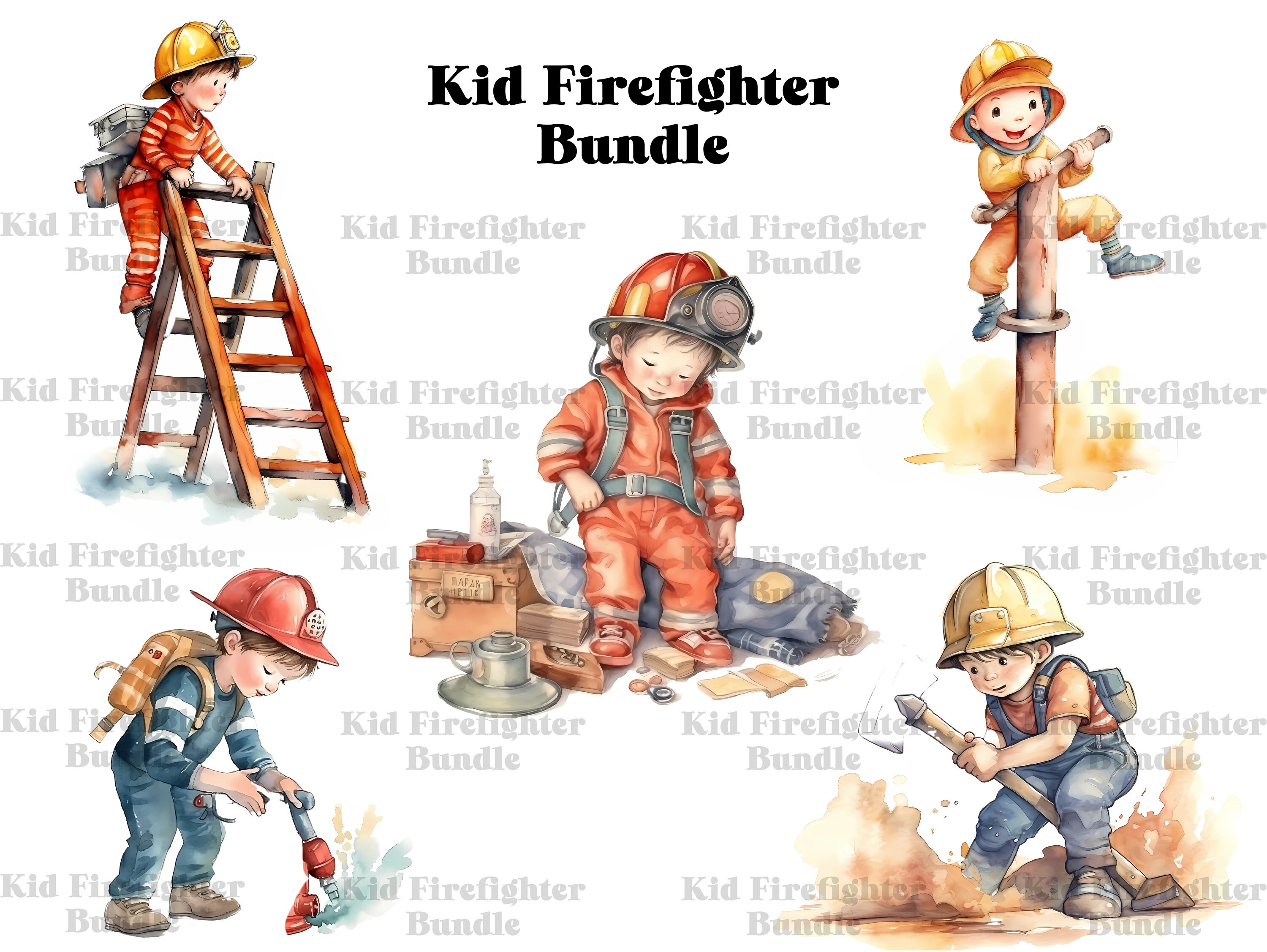 Kid Firefighter Clipart Bundle 21 Watercolor Junior Fire Rescue Pngs ...
