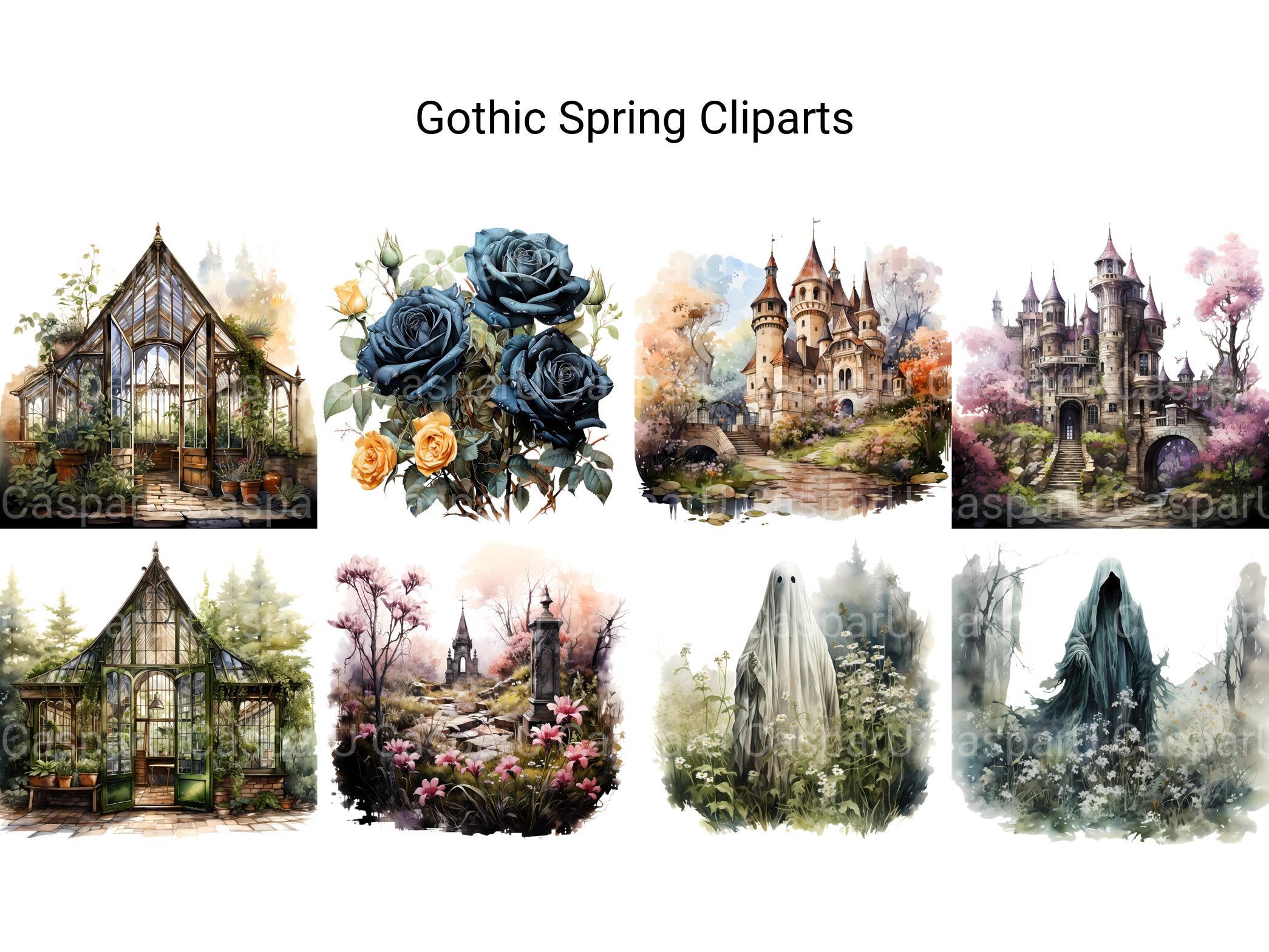 Gothic Spring Clipart Bundle 57 Watercolor Pngs Digital Drawings ...