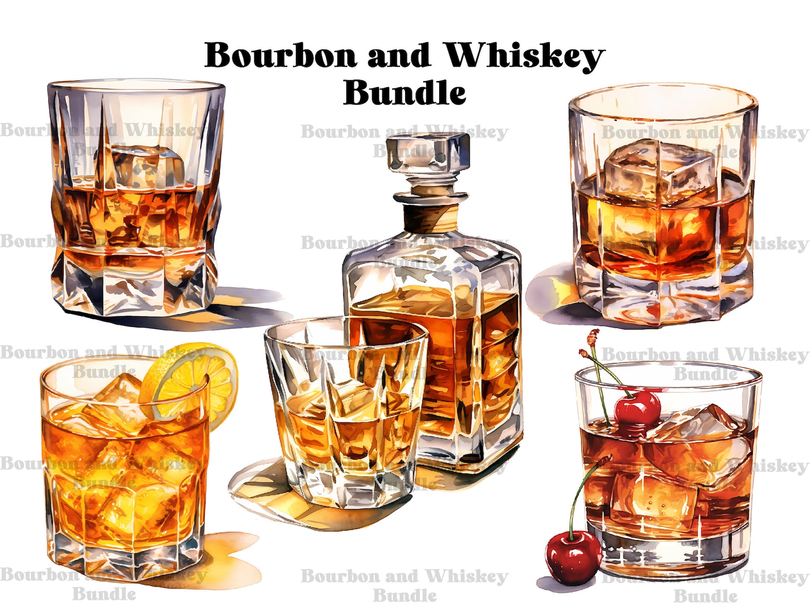 Bourbon and Whiskey Clipart Bundle 27 Bourbon and Whiskey as Watercolor ...