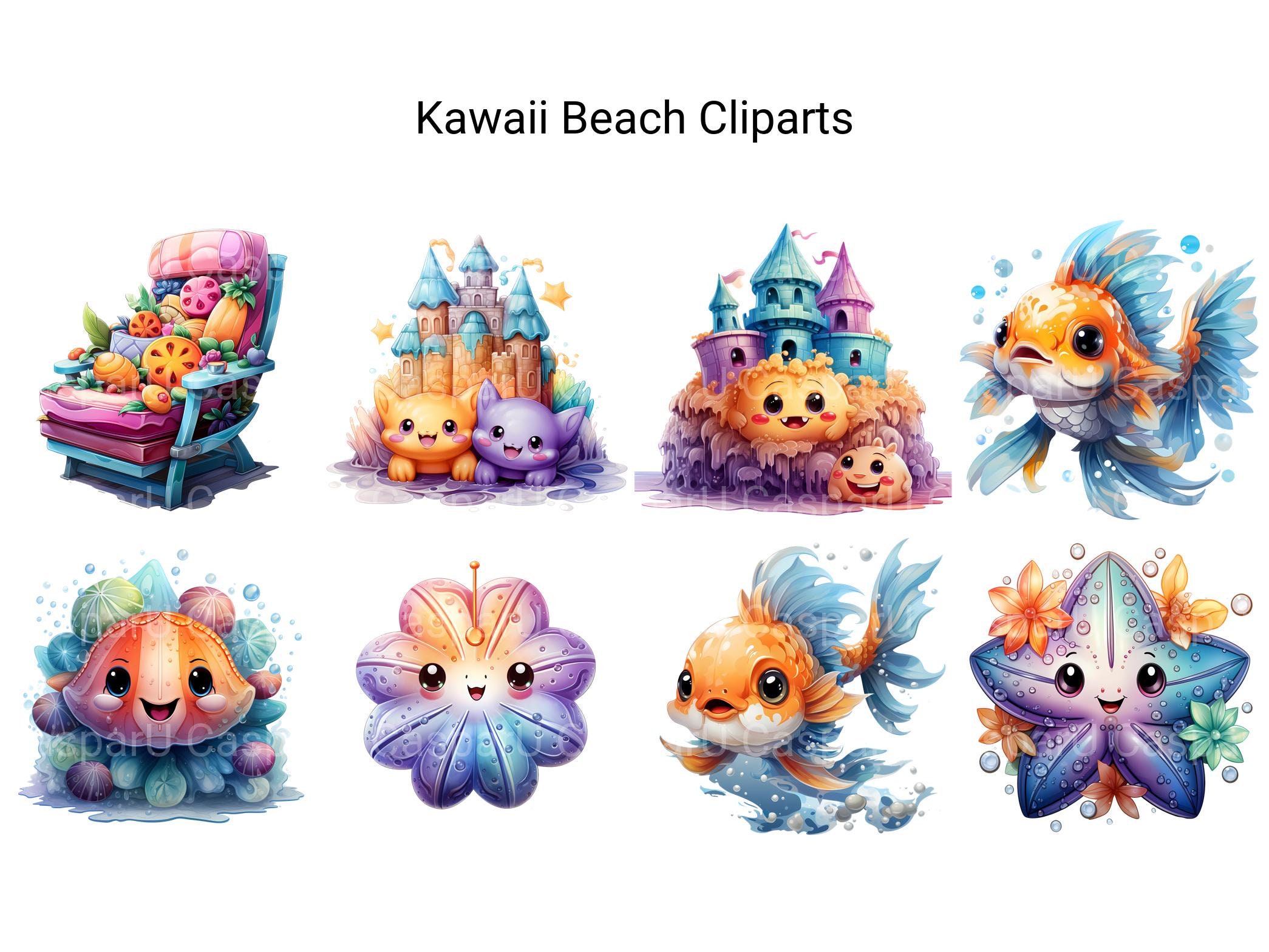 Kawaii Beach Clipart Bundle 69 Kawaii Watercolor Pngs Digital Download ...